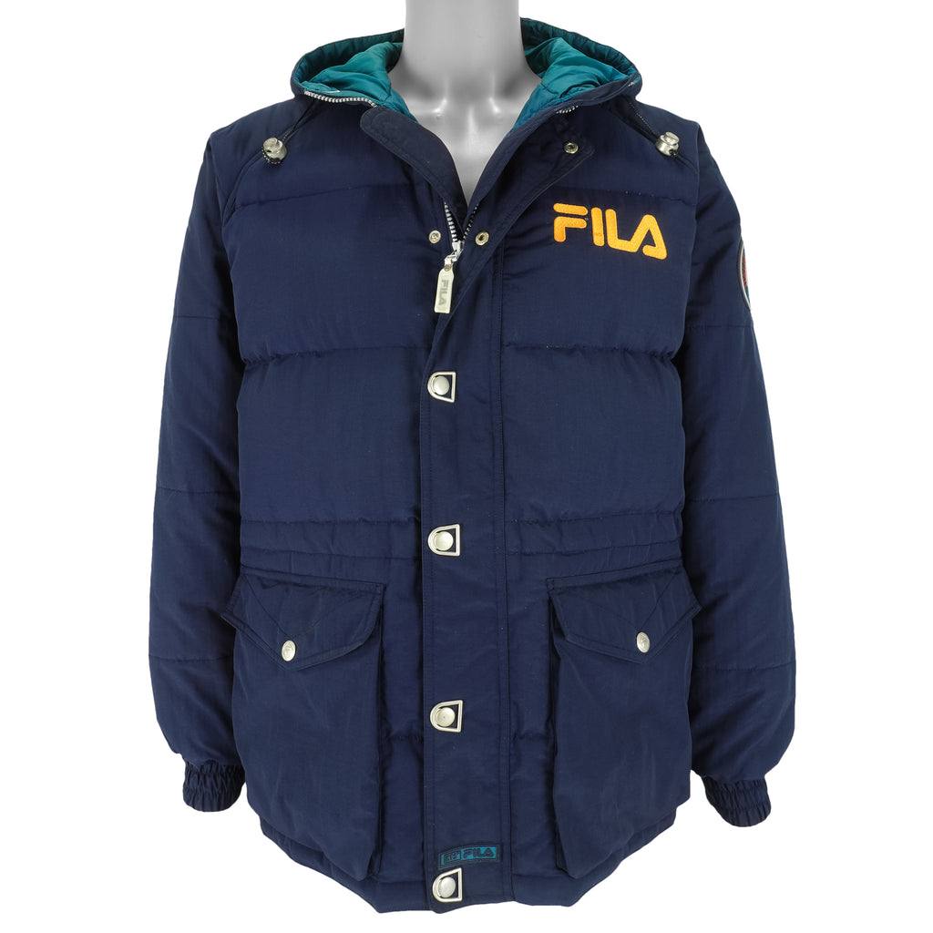Vintage FILA - EST2 Blue Hooded Puffer Jacket 1990s Medium – Vintage ...